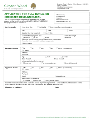 APPLICATION FOR FULL BURIAL OR CREMATED ... Doc Template | pdfFiller