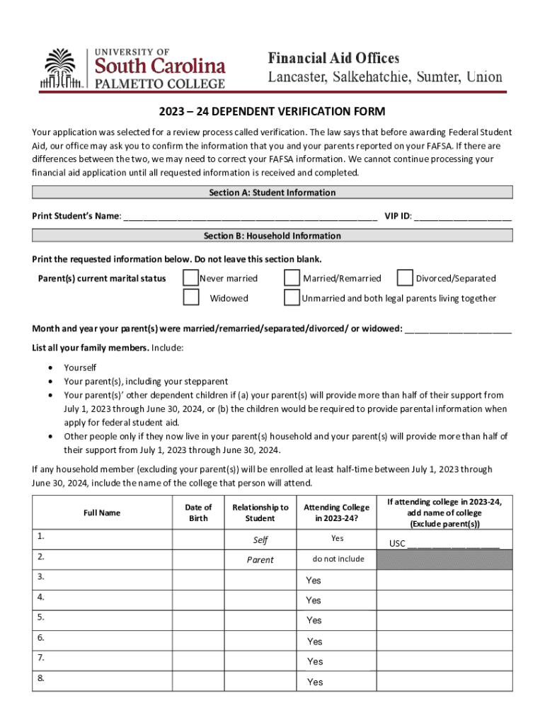 Fillable Online 2023-24 Dependent Student Verification Worksheet for ...