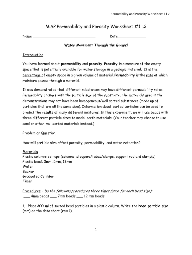 Fillable Online Worksheet On Permeability, Porosity, Water Retention ...