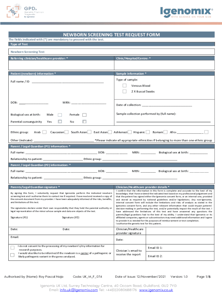 Fillable Online NEWBORN SCREENING TEST REQUEST FORM Fax Email Print ...