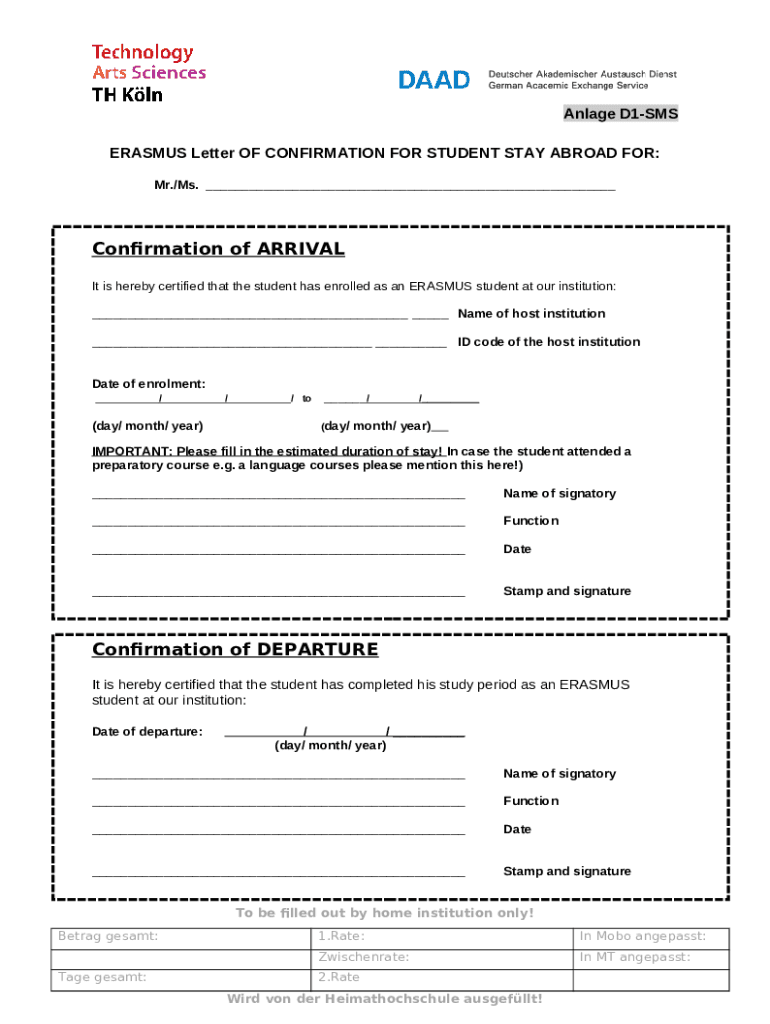 Get Anlage D1SMS ERASMUS Letter OF CONFIRMATION FOR ... Doc Template ...