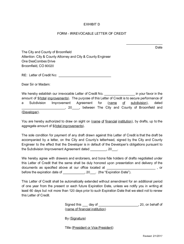 Fillable Online EXHIBIT D FORM IRREVOCABLE LETTER OF CREDIT Date The ...