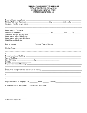Fillable Online APPLICATION FOR MOVING PERMIT CITY OF MUSTANG ... Fax Email Print - pdfFiller