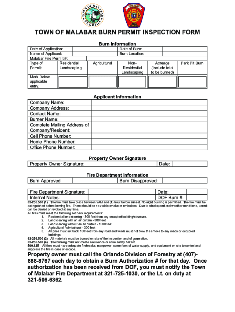 Fillable Online TOWN OF MALABAR BURN PERMIT INSPECTION FORM Fax Email ...