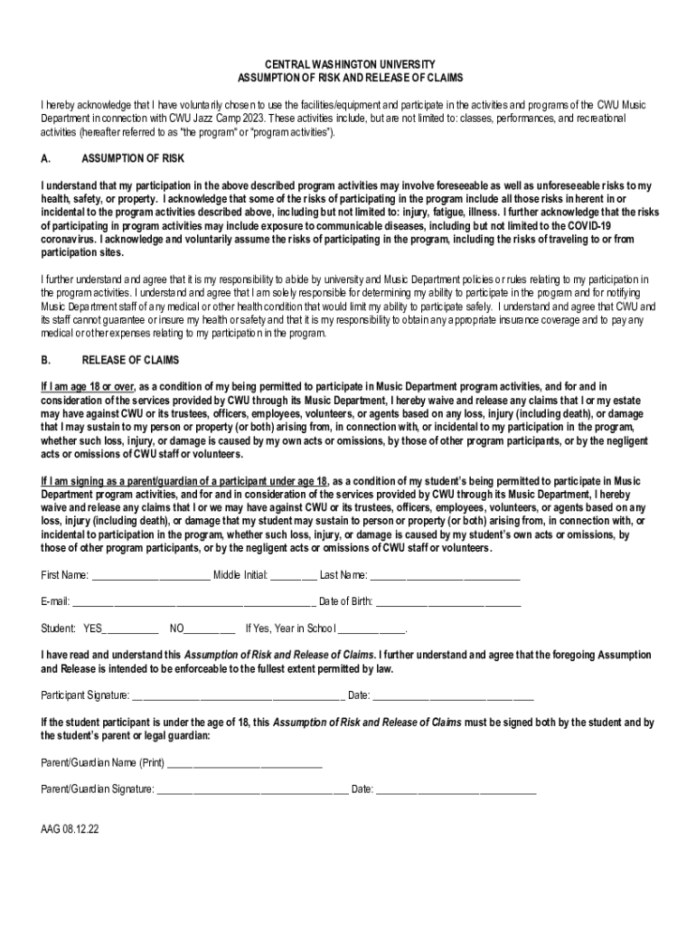 Fillable Online ACKNOWLEDGEMENT OF RISK AND HOLD HARMLESS ... Fax Email ...