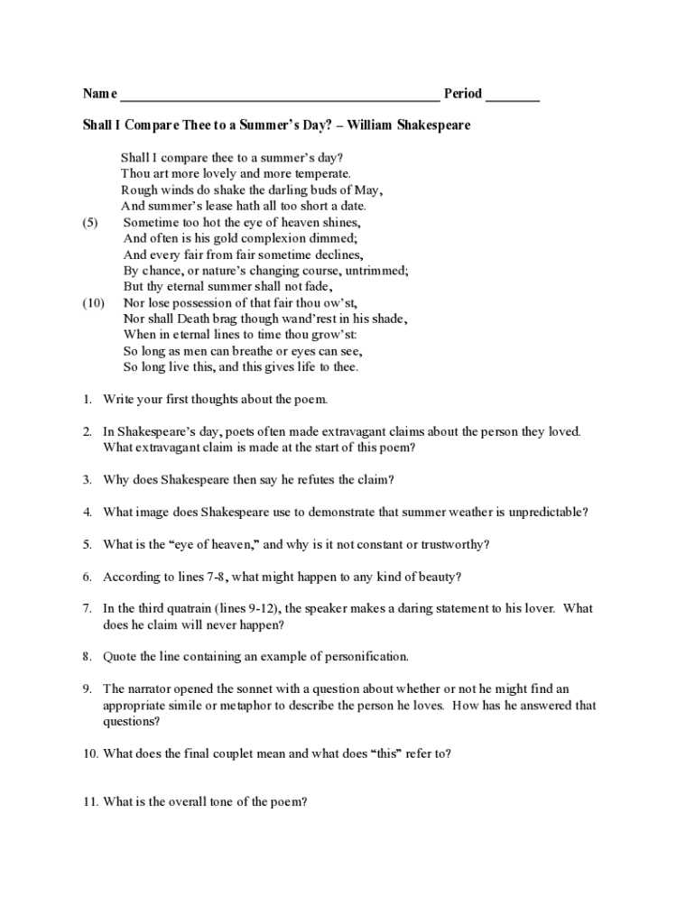 Fillable Online Shakespearean sonnets worksheet.doc Fax Email Print ...