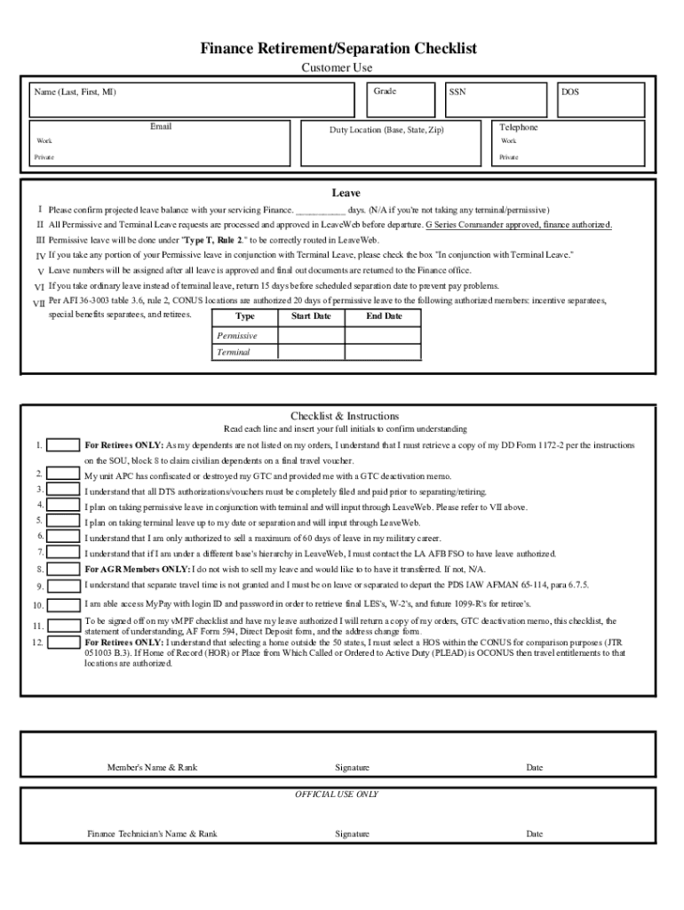 Fillable Online Finance Retirement/Separation Checklist - Travis Air ...