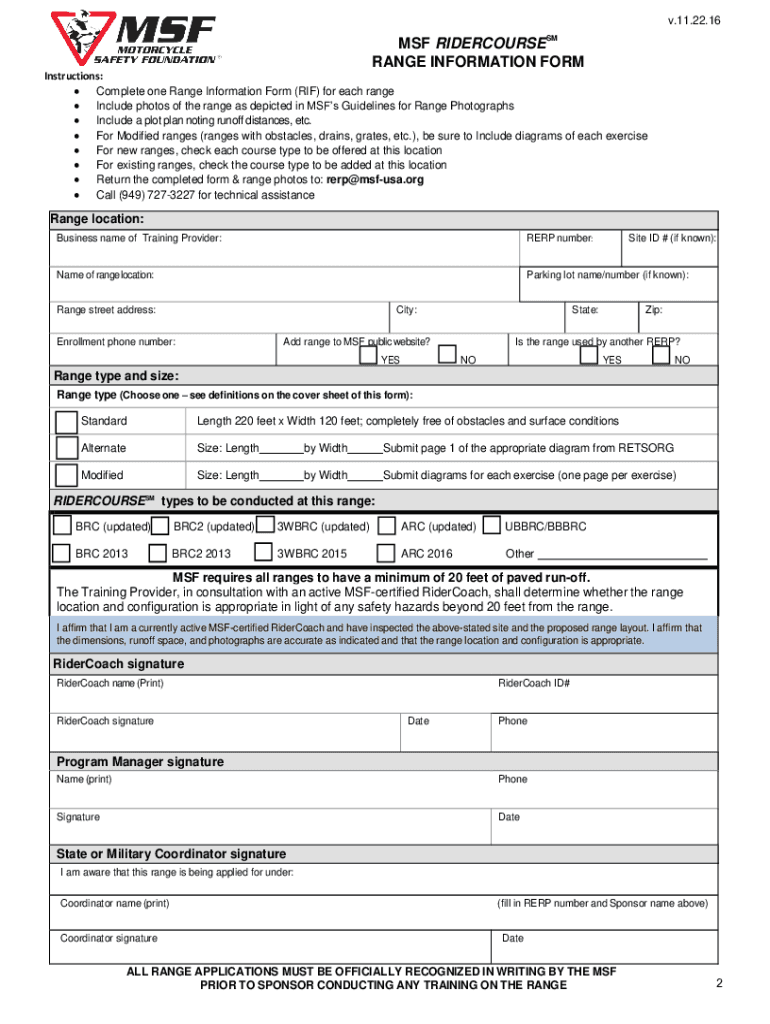 Fillable Online safety army MSF RIDERCOURSESM RANGE INFORMATION FORM ...