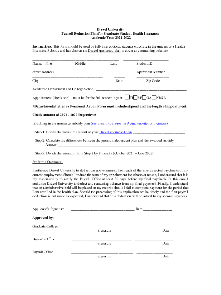 Fillable Online Drexel University Payroll Deduction Plan for Graduate Student ... Fax Email ...