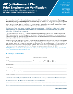Fillable Online hr gwu 401(a) Retirement Plan Prior Employment ...