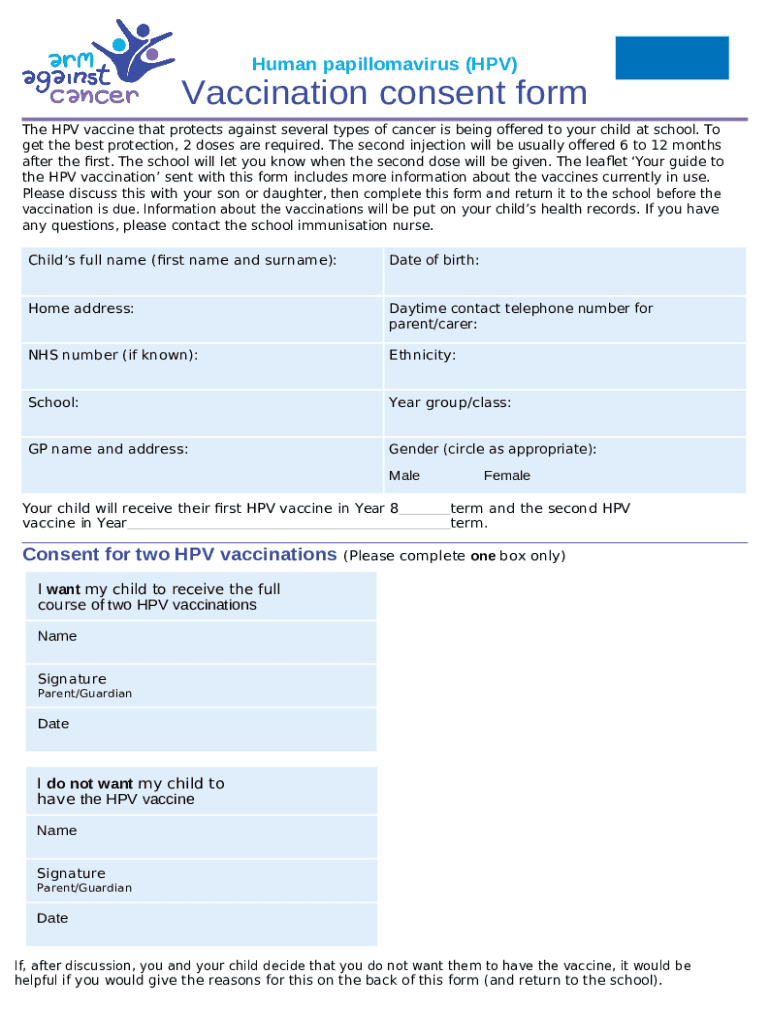 Human papillomavirus (HPV) vaccination consent Doc Template | pdfFiller