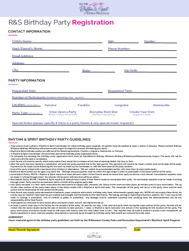 Fillable Online R&S Birthday Party Registration Fax Email Print - pdfFiller