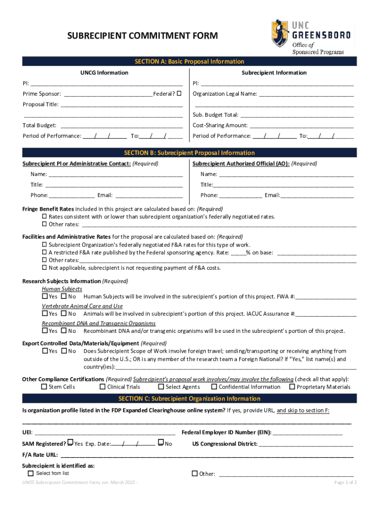 Fillable Online SUBRECIPIENT COMMITMENT FORM UNCG Sponsored Programs Fax Email Print - pdfFiller