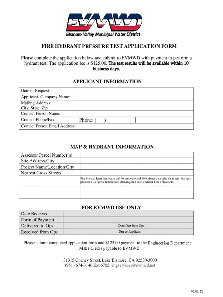 Fillable Online FIRE HYDRANT PRESSURE TEST APPLICATION FORM ... Fax ...