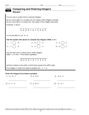 Fillable Online Worksheet on Comparison of Integers Fax Email Print ...