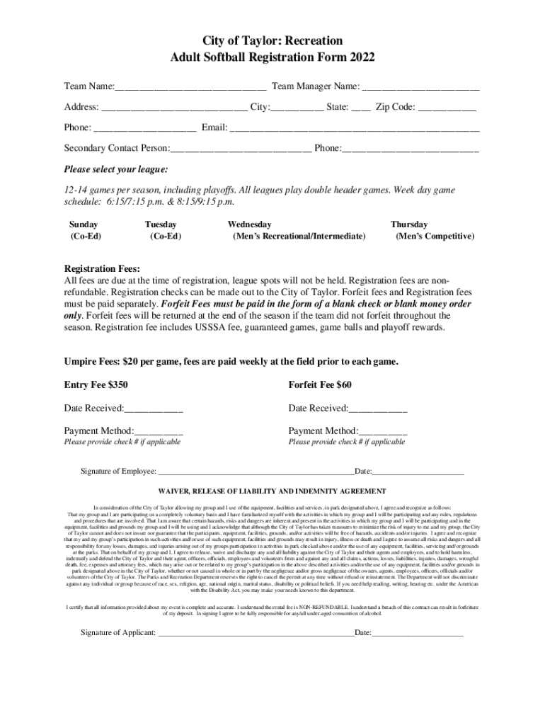 Fillable Online City of Taylor: Recreation Adult Softball Registration ...