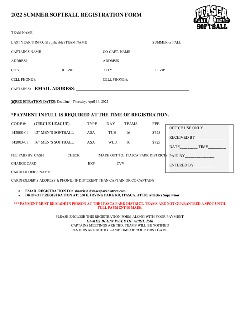 Fillable Online Adult Co Ed Softball League Registration Form Fax Email ...