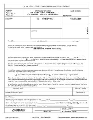Fillable Online STATEMENT OF CLAIM FOR RETURN OF STOLEN PROPERTY ...