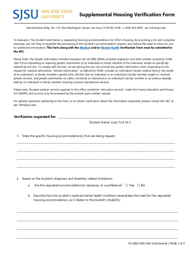 Fillable Online Supplemental Housing Verification Form - San Jose Fax ...