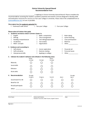 Fillable Online Clarion University Upward Bound Recommendation Form Fax ...