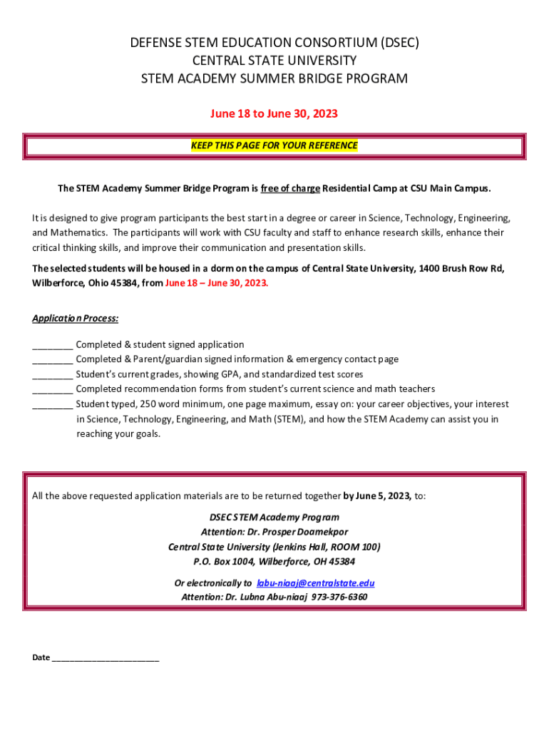 Fillable Online 2023 STEM Academy Summer Program Application Form Fax ...