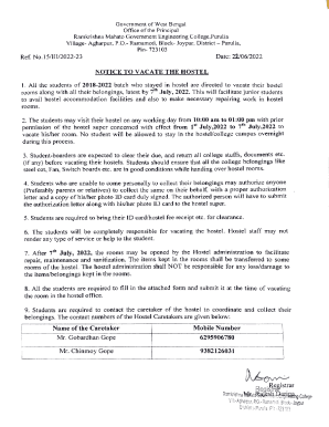 Fillable Online NOTICE TO VACATE THE HOSTEL Fax Email Print - pdfFiller