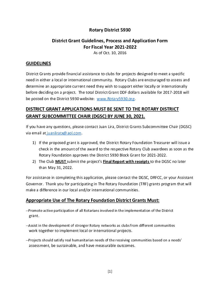 Fillable Online Rotary District 5930 District Grant Guidelines, Process ...