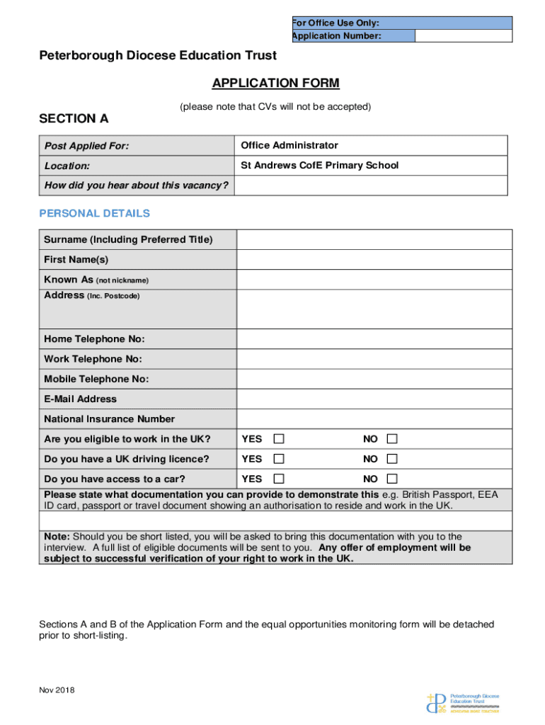 Fillable Online Peterborough Diocese Education Trust APPLICATION FORM ...