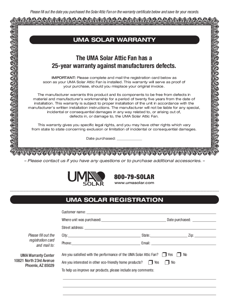 Fillable Online The UMA Solar Attic Fan has a 25-year warranty against ...