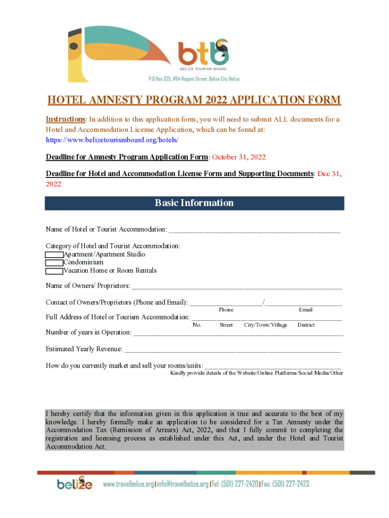 Fillable Online HOTEL AMNESTY PROGRAM 2022 APPLICATION FORM Fax Email ...