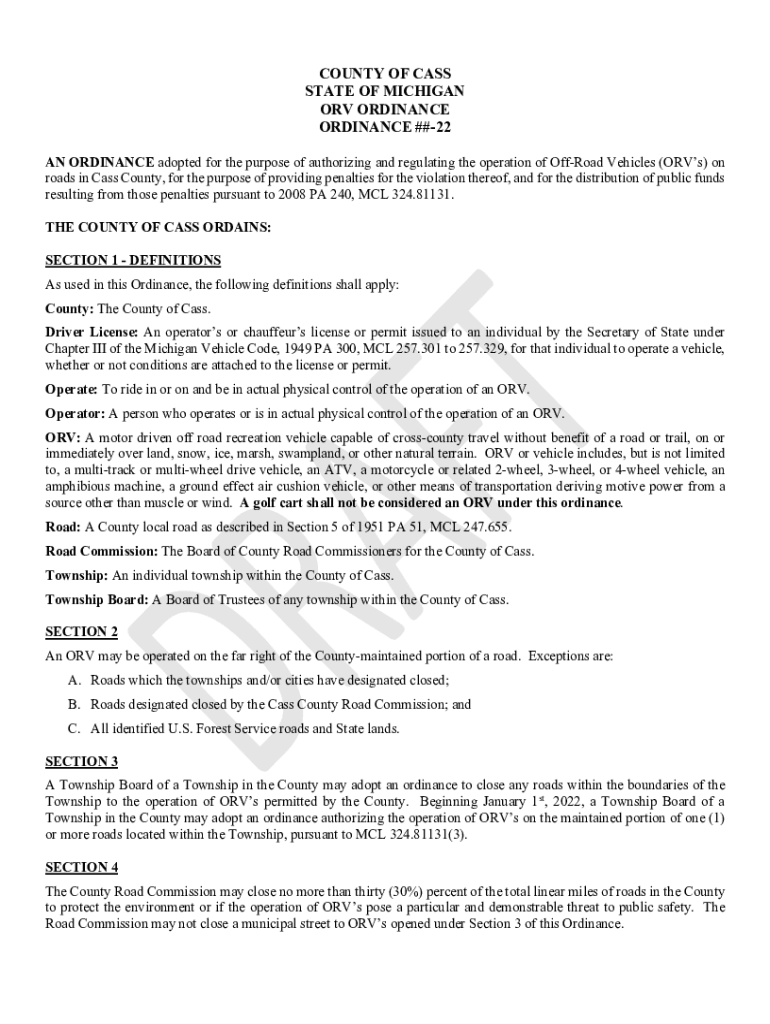 Fillable Online Cass County, MI - COUNTY OF CASS STATE OF MICHIGAN ORV ...