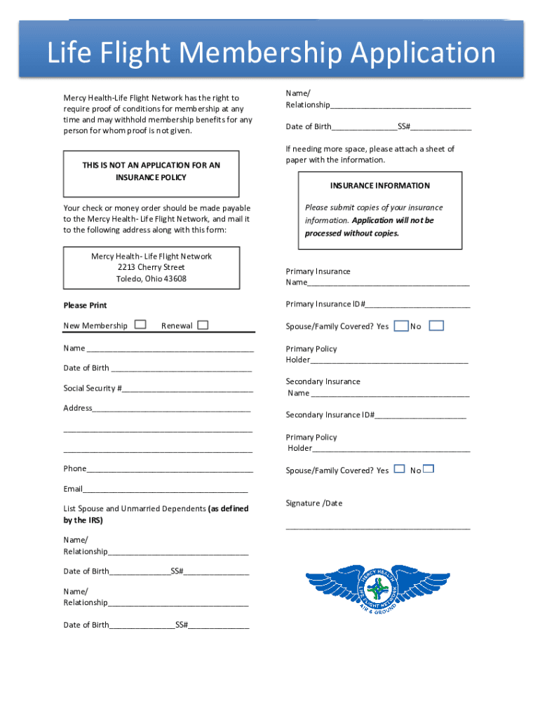 Fillable Online Life Flight Membership Application Fax Email Print ...