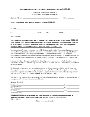 Fillable Online Three Lakes Evangelical Free Church Permission Slip for ...