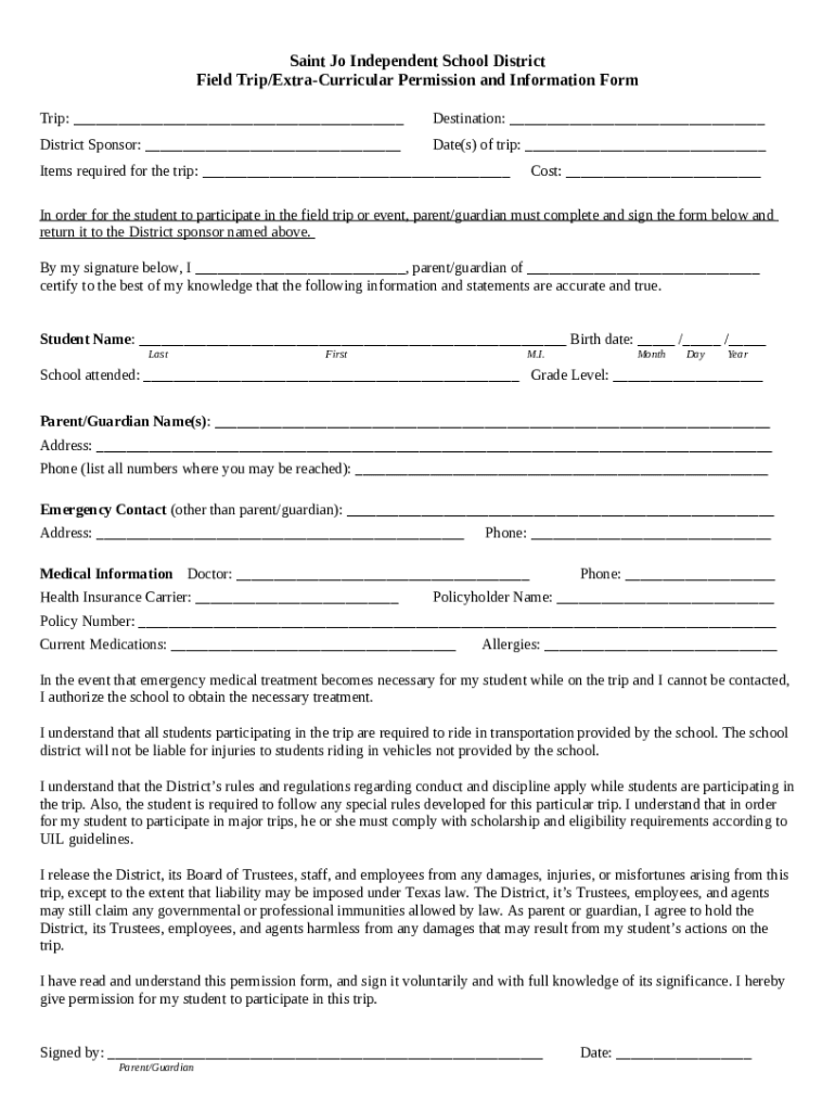 SCHOOL-SPONSORED FIELD TRIP/SPECIAL ... Doc Template | pdfFiller