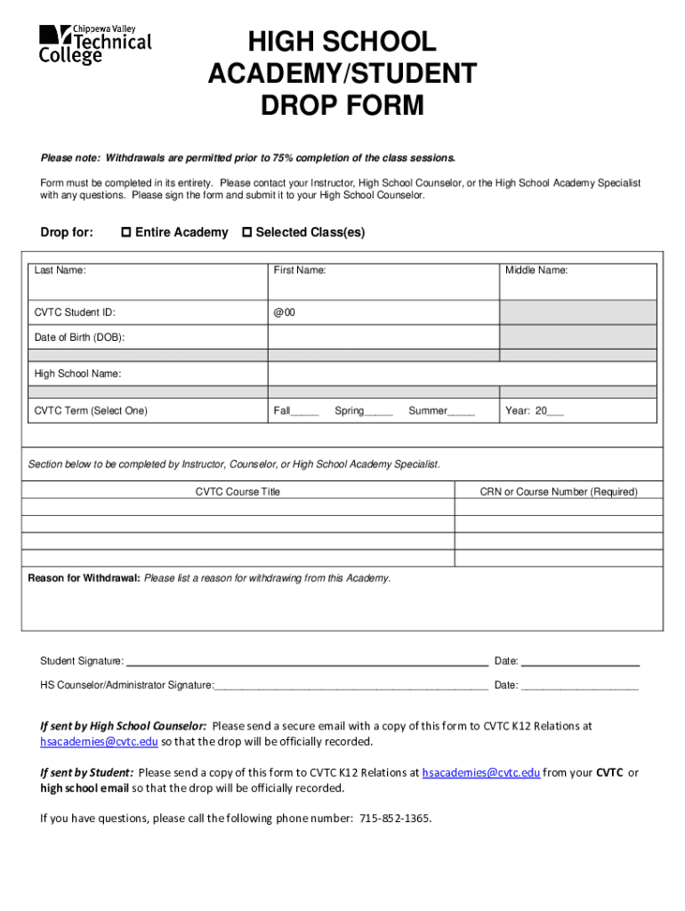 Fillable Online HIGH SCHOOL ACADEMY/STUDENT DROP FORM Fax Email Print ...