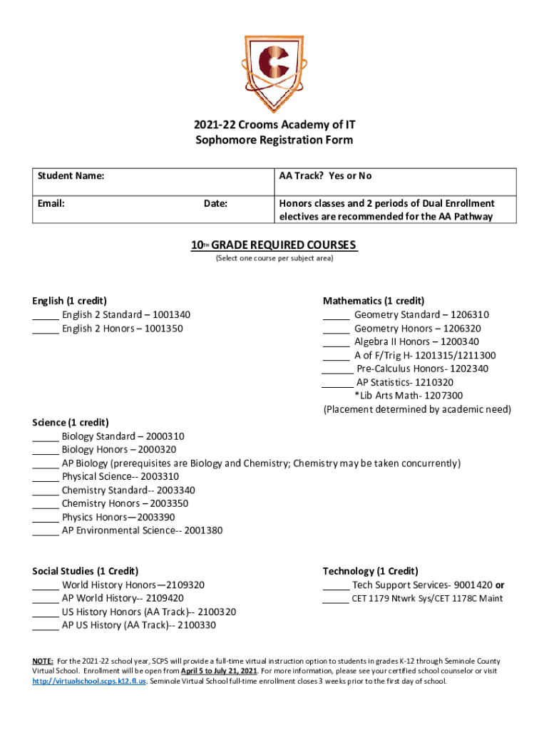 Fillable Online 2021-22 Crooms Academy of IT Sophomore Registration ...
