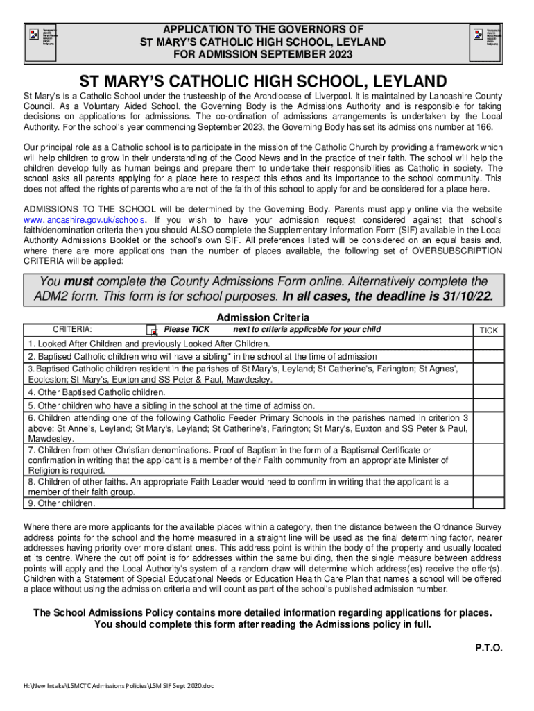 Fillable Online Establishment St Mary's Catholic High School Fax Email ...