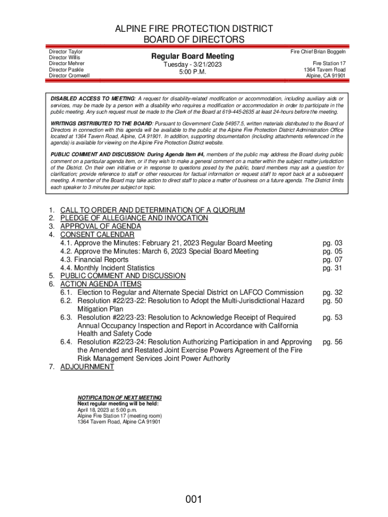 Fillable Online ALPINE FIRE PROTECTION DISTRICT BOARD OF DIRECTORS Fax ...