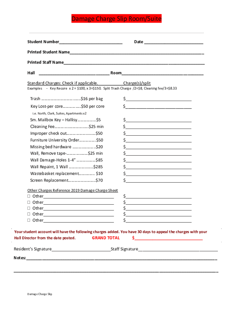 Fillable Online Damage Charge Slip Room/Suite Fax Email Print - pdfFiller