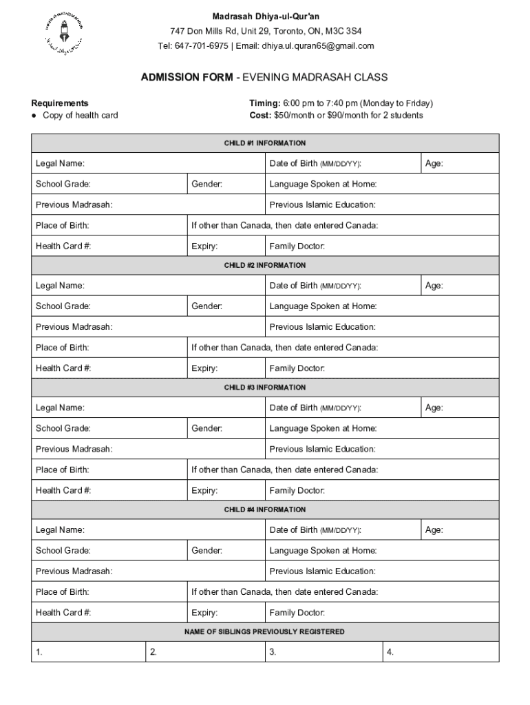 Fillable Online ADMISSION FORM- EVENING MADRASAH CLASS Fax Email Print ...