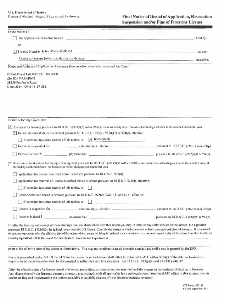 Fillable Online Final Notice of Denial of Application, Revocation ...