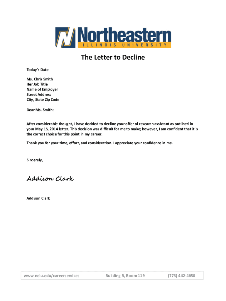 Fillable Online Declining a Job Offer Letter & Withdrawing Yourself ...