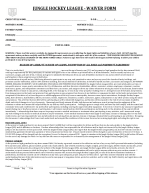 Fillable Online JHL BALL HOCKEY Adult Player Registration & Waiver Form ...