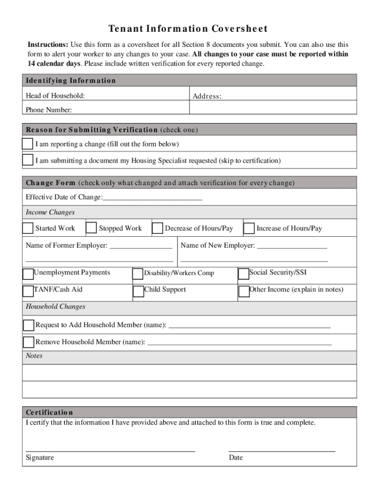 Fillable Online Tenant Information Coversheet Fax Email Print - pdfFiller