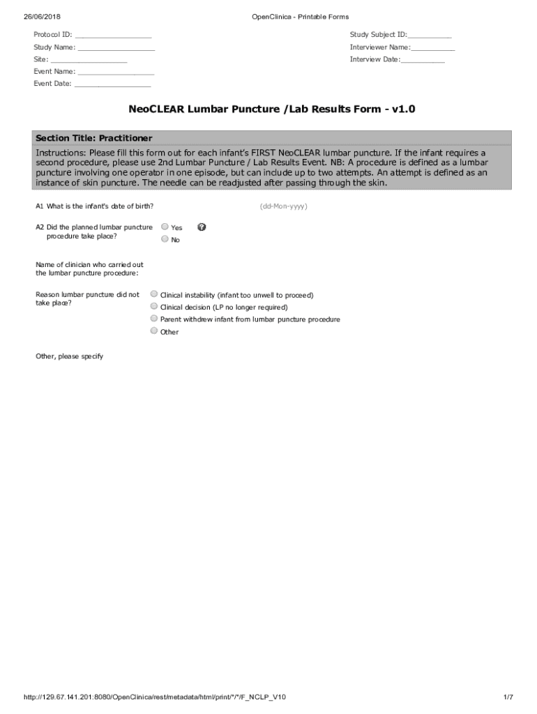 Fillable Online NeoCLEAR Lumbar Puncture /Lab Results Form - v1.0 Fax ...