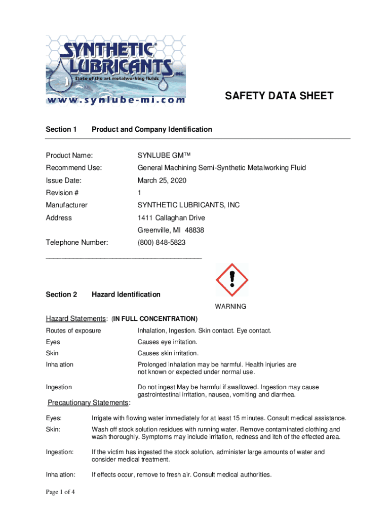 Fillable Online Safety Data Sheet Section 1: Identification Product ...