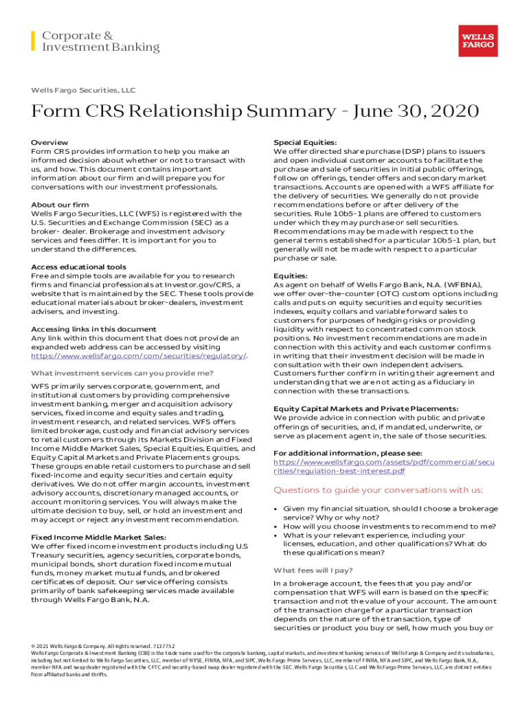 Fillable Online Form CRS Relationship Summary - June 30, 2020 Fax Email ...