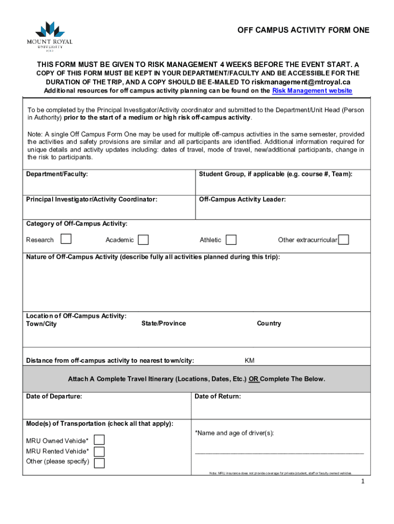 Fillable Online OFF CAMPUS ACTIVITY FORM ONE Fax Email Print - pdfFiller