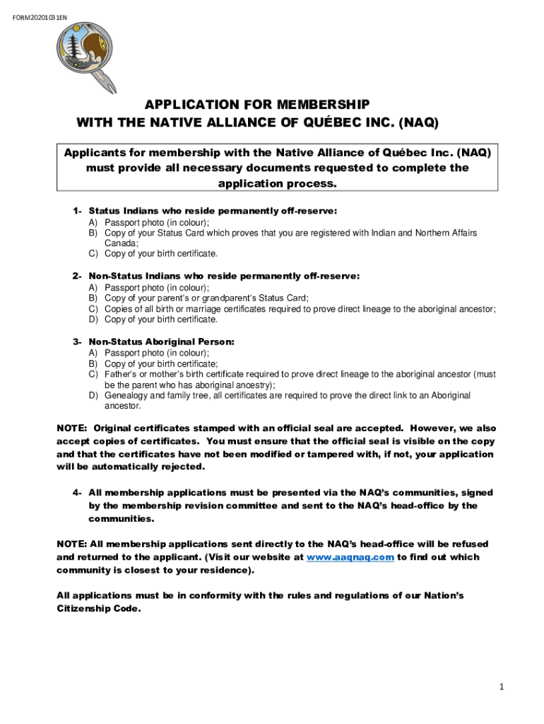 Fillable Online APPLICATION FOR MEMBERSHIP WITH THE NATIVE ALLIANCE ...