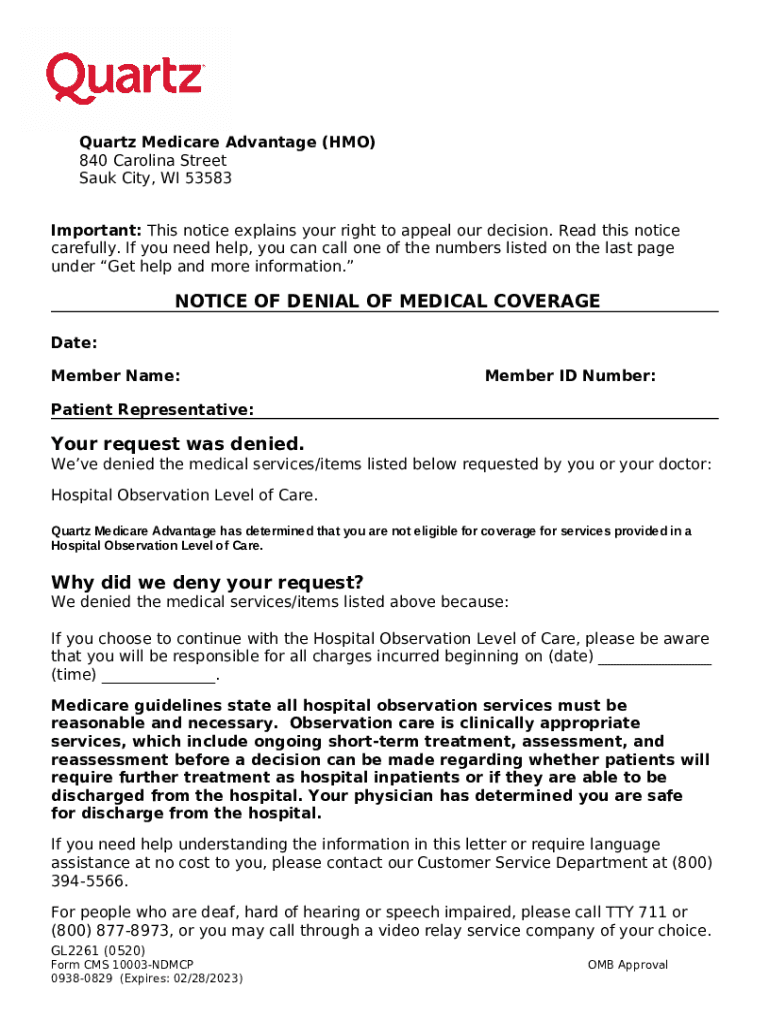 Notice of Denial of Medical CoverageHospital Observation Doc Template ...